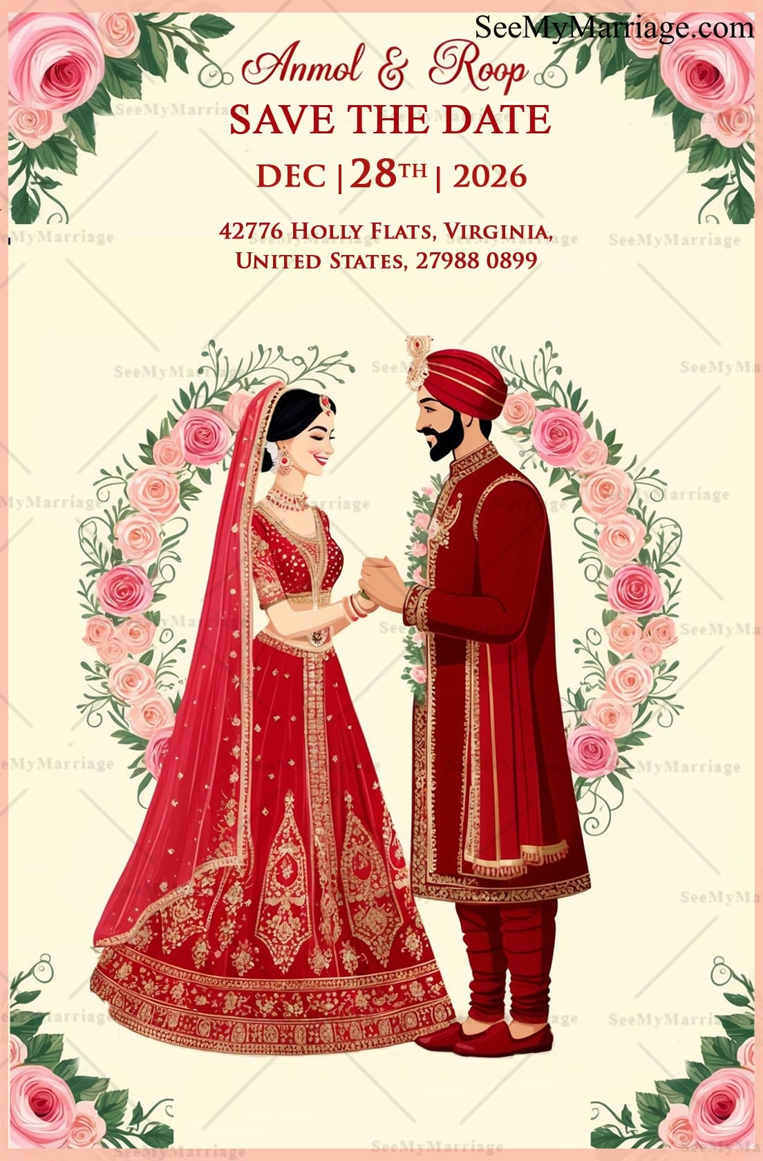 Traditional Sikh Wedding Illustration Save the Date Card with Floral ...