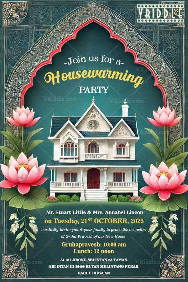 Lotus Themed Housewarming Party Invitation Card with Archway Design ...