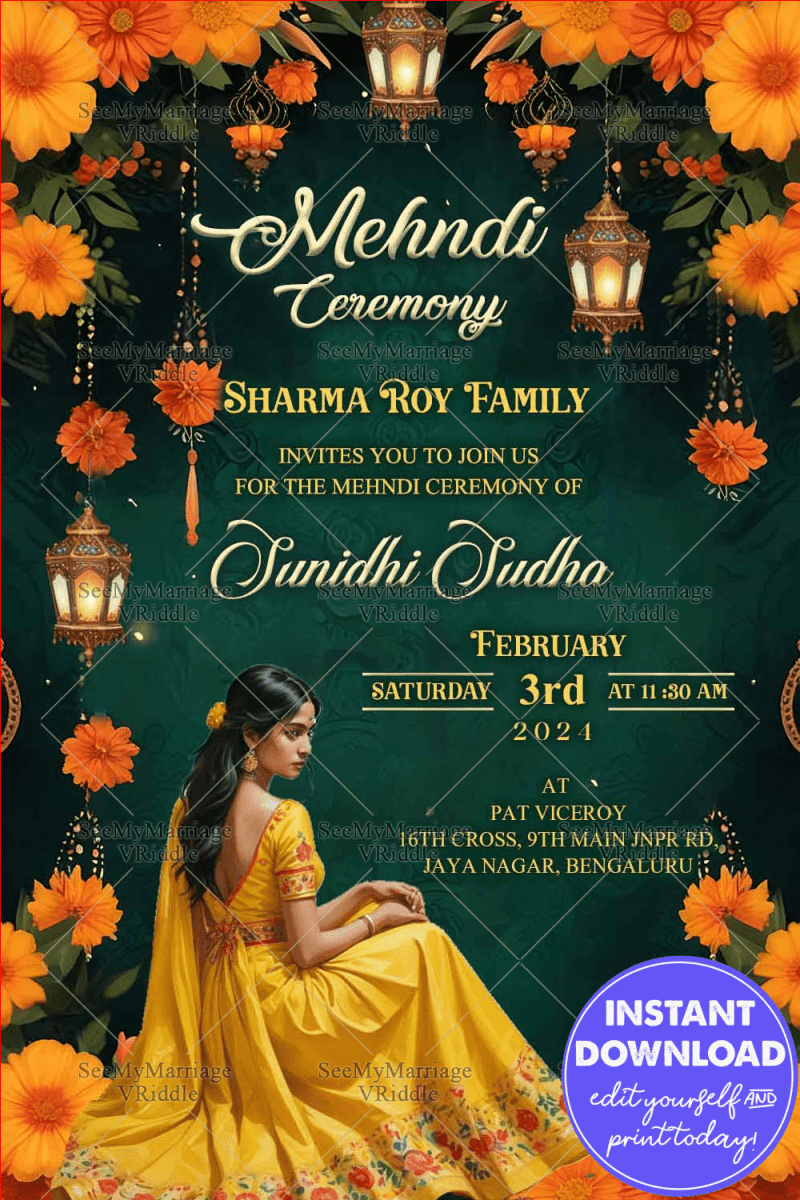 Luminous Lanterns Mehndi Ceremony Invitation Card with Green Theme ...