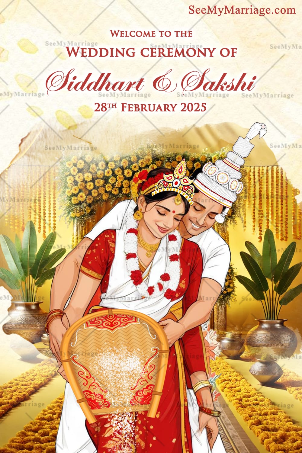 Marigold Theme Bengali Wedding Ceremony Welcome Poster with Traditional ...