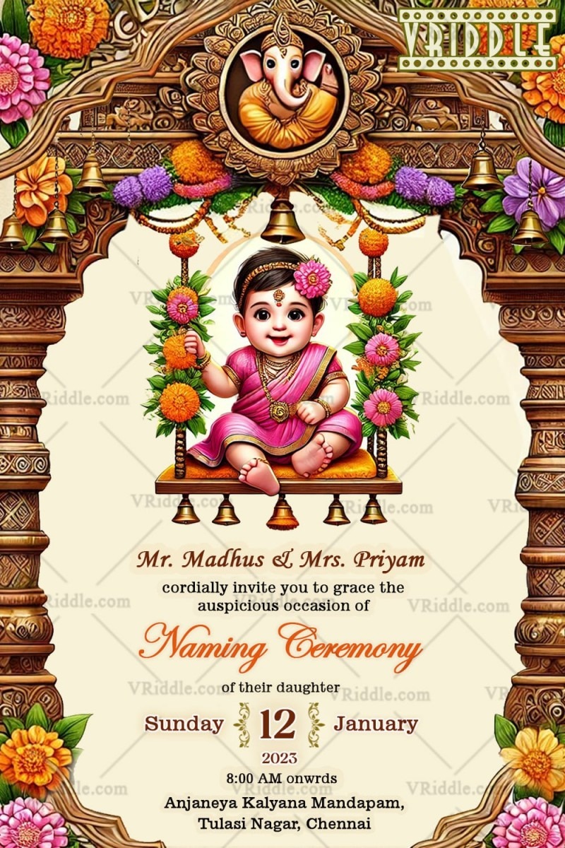 Ornate Naming Ceremony Baby Girl on Floral Swing Invitation Card ...