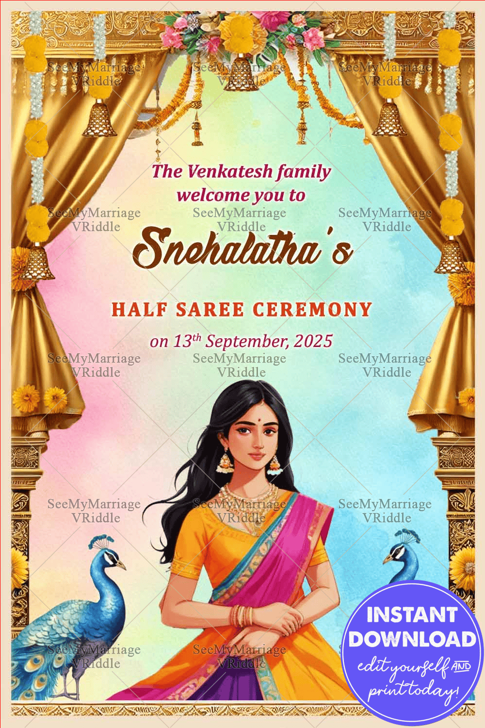 Peacock Theme Half Saree Ceremony Welcome Poster – SeeMyMarriage