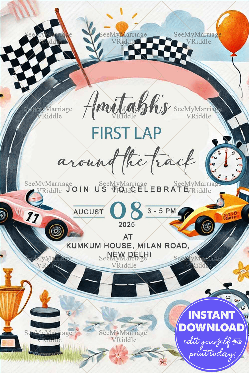 Racing Track First Birthday Invitation Card with High-Speed Theme ...