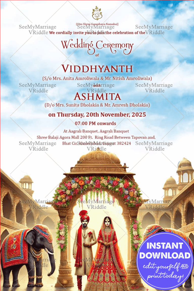 Regal Palace Gujarati Wedding Invitation Card with Elephant Theme ...
