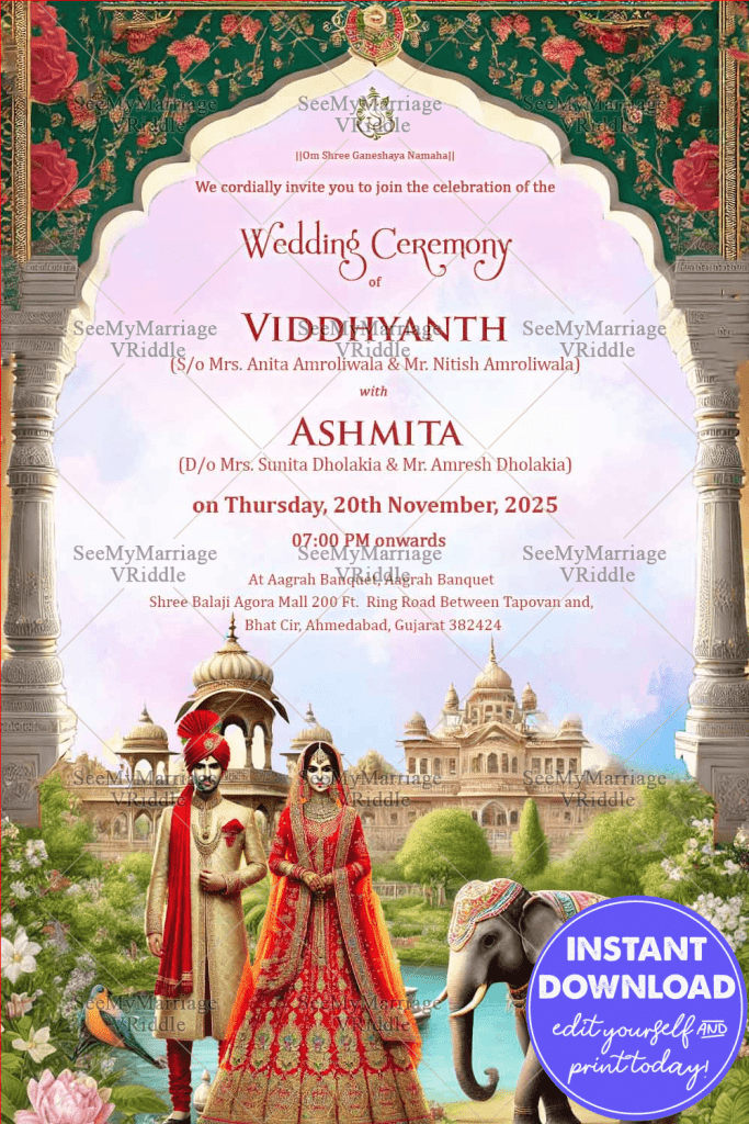 Royal Architectural Theme Gujarati Wedding Invitation Card with Lush ...