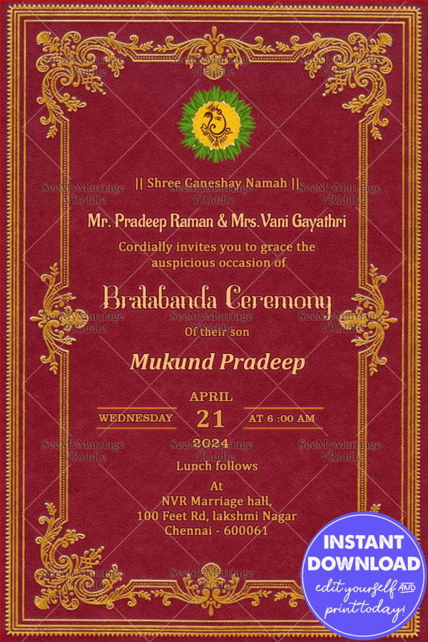 Sacred Bratabanda Ceremony Invitation Card with Maroon Theme Background ...