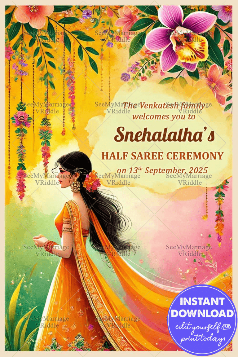 Saffron Swirls and Blooms Theme Half Saree Ceremony Welcome Poster ...