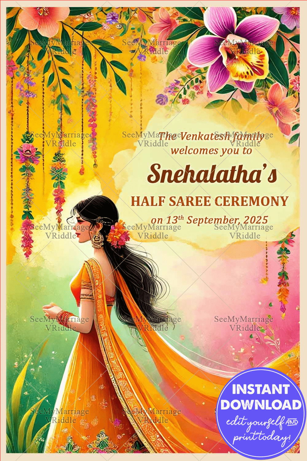 Saffron Swirls and Blooms Theme Half Saree Ceremony Welcome Poster ...