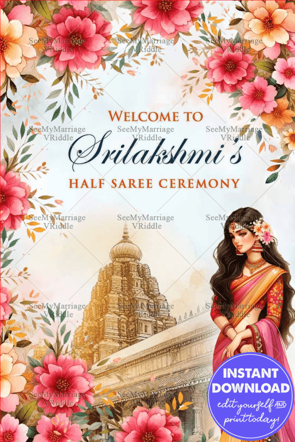 Temple Theme Floral Half Saree Ceremony Welcome Poster – SeeMyMarriage