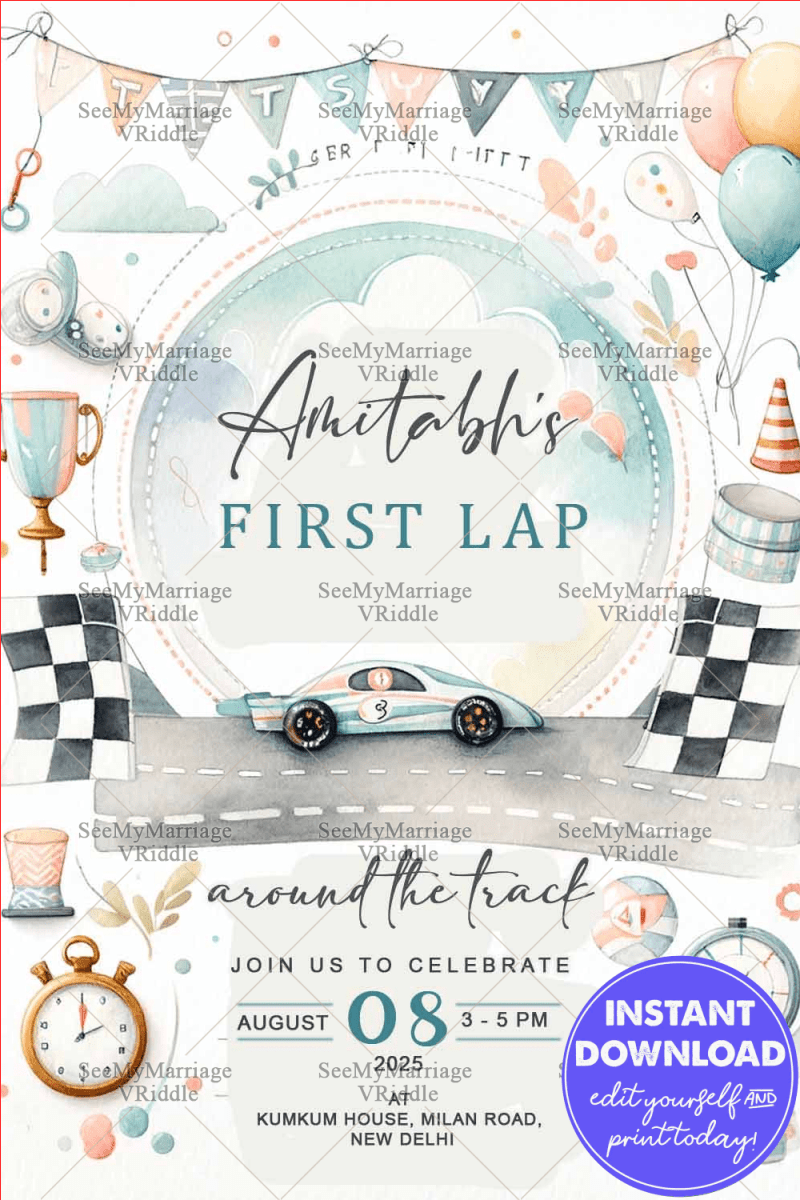 Track Adventure First Birthday Invitation Card with Racing Theme ...