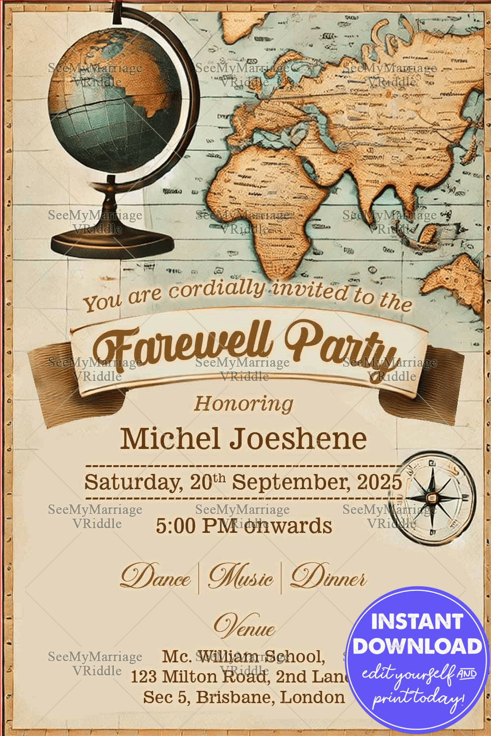 Vintage Globe Farewell Party Invitation Card with Cream Theme ...