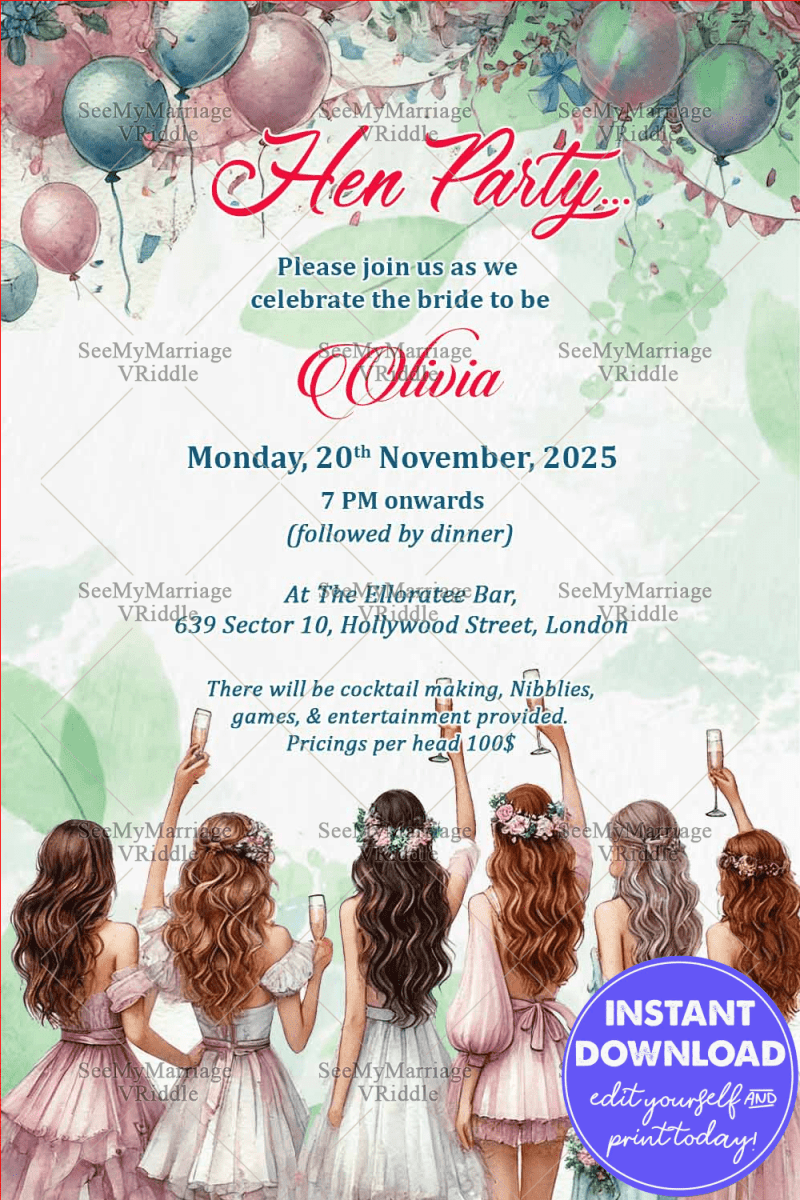 Whimsical Watercolor Theme Hen Party Invitation Card with Balloons ...