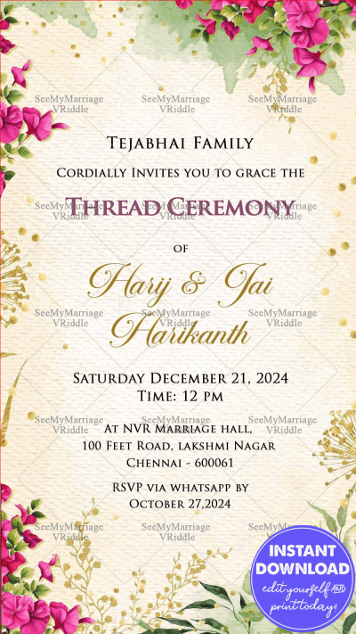 Sacred Upanayanam Ceremony Invitation Card with Pink Floral Design ...