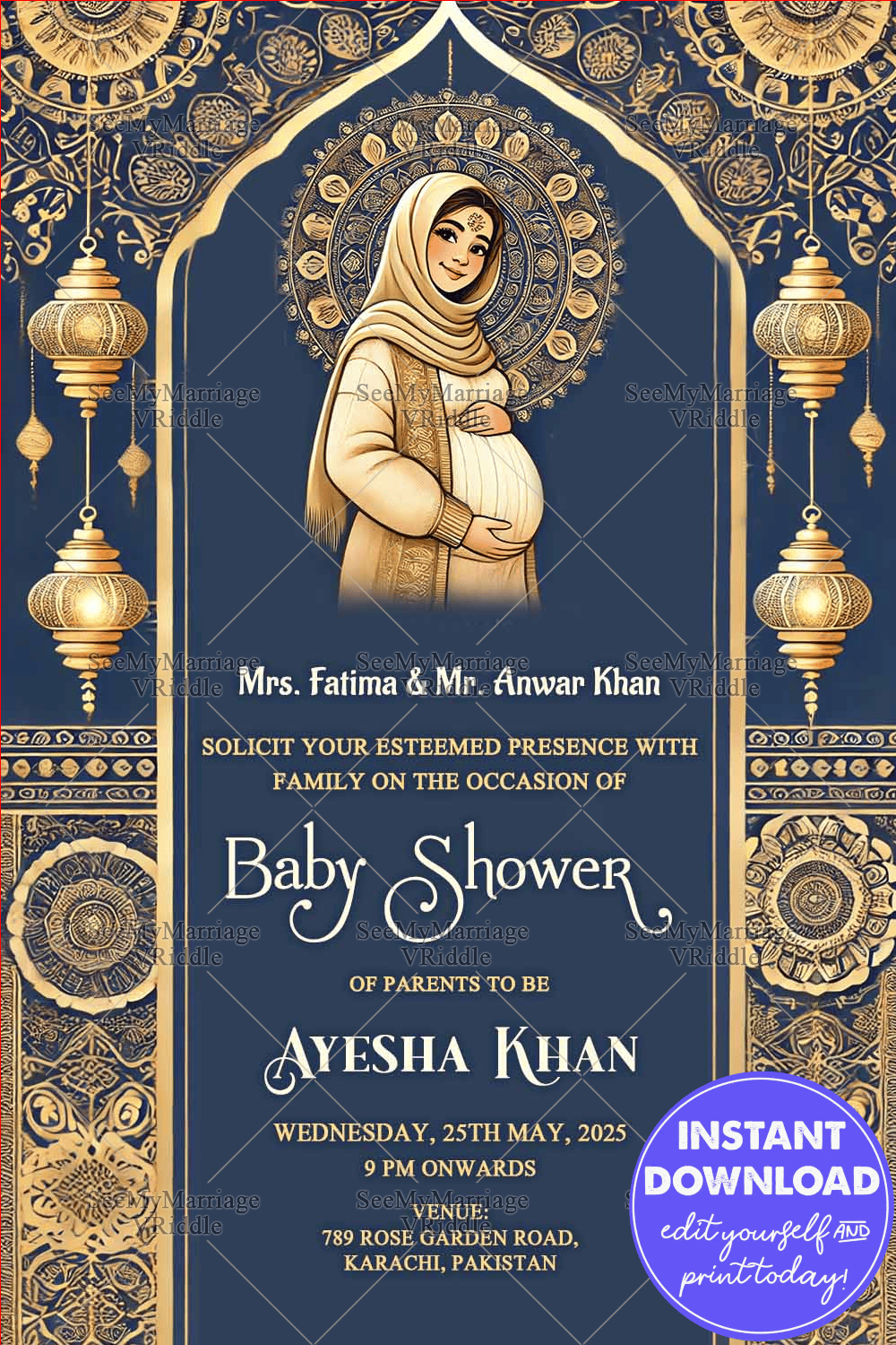 Blue and Gold Theme Islamic Baby Shower Invitation Card with Lanterns ...