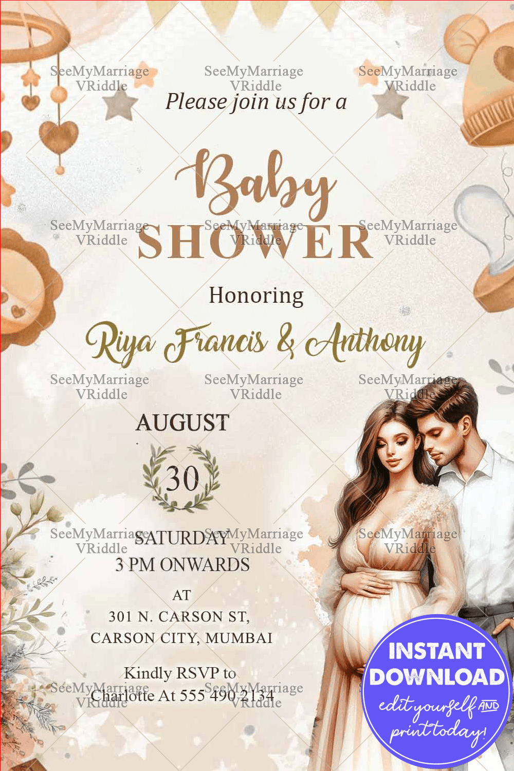 Elegant Couple Baby Shower Invitation with Floral Accents – SeeMyMarriage