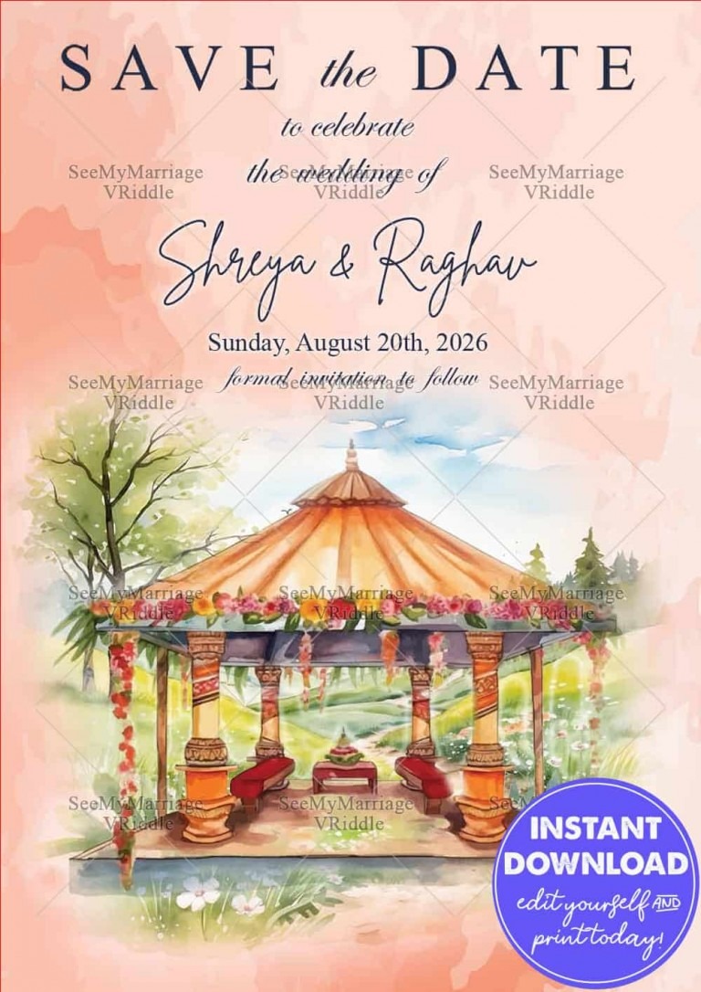 Floral Mandap Save the Date Invitation with Scenic Landscape Background ...