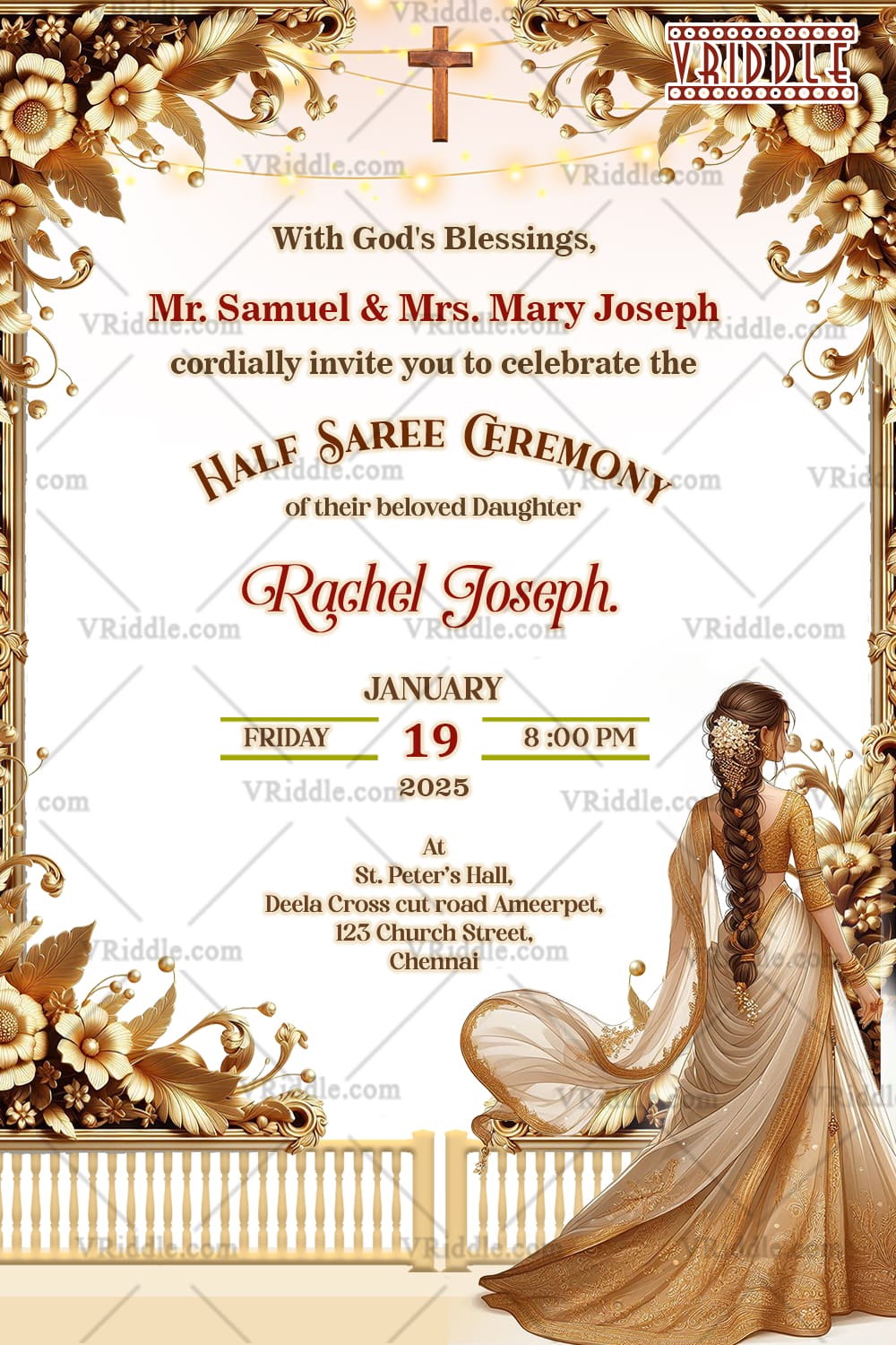Golden Floral Half Saree Ceremony Invitation Card – SeeMyMarriage