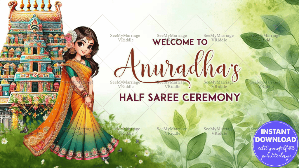 Half Saree Ceremony Welcome Banner with Temple Backdrop – SeeMyMarriage