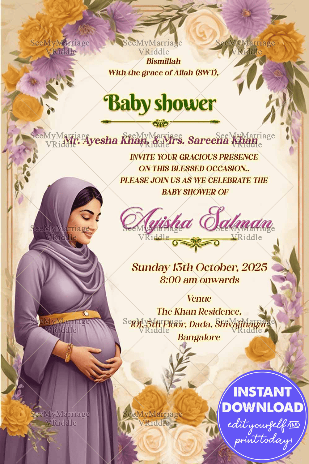Lavender Hijab Theme Islamic Baby Shower Invitation Card with Floral ...
