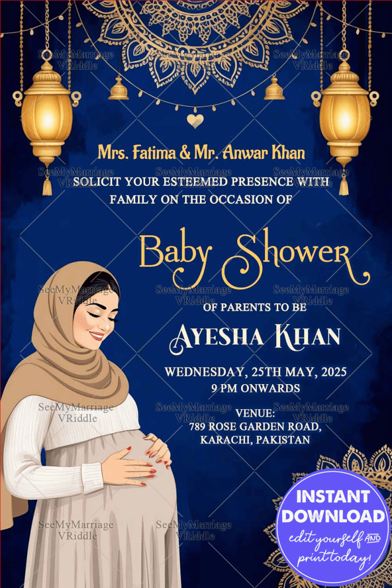 Majestic Mandala Theme Islamic Baby Shower Invitation Card with Blue ...