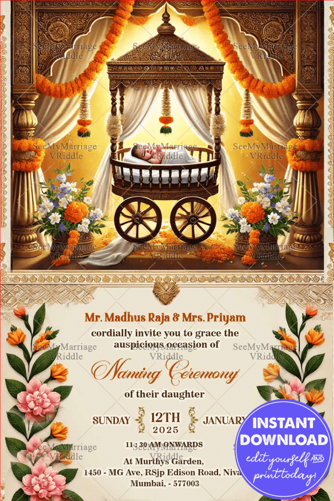 Regal Cradle Naming Ceremony Invitation Card with Golden Architectural ...