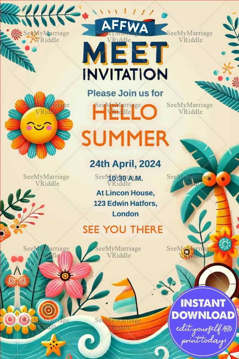 Sunny Tropical AFFWA Meet Invitation with Palm Tree and Ocean Theme ...