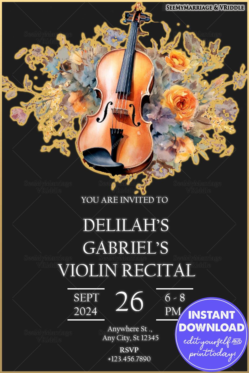 Black Background Violin Recital Invitation with Gold Floral Motifs and ...