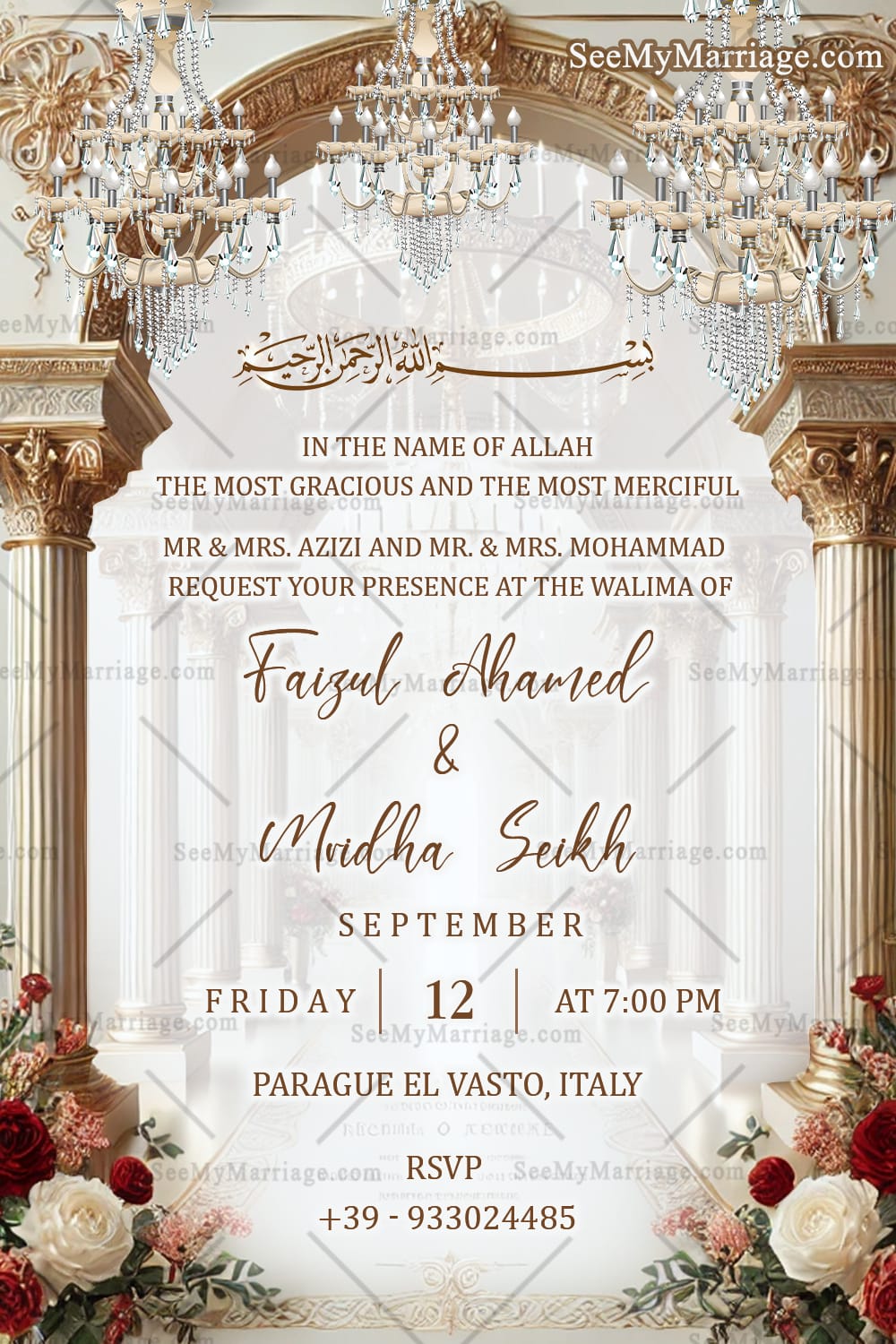 Luxurious Walima Invitation with Chandeliers and Floral Accents ...