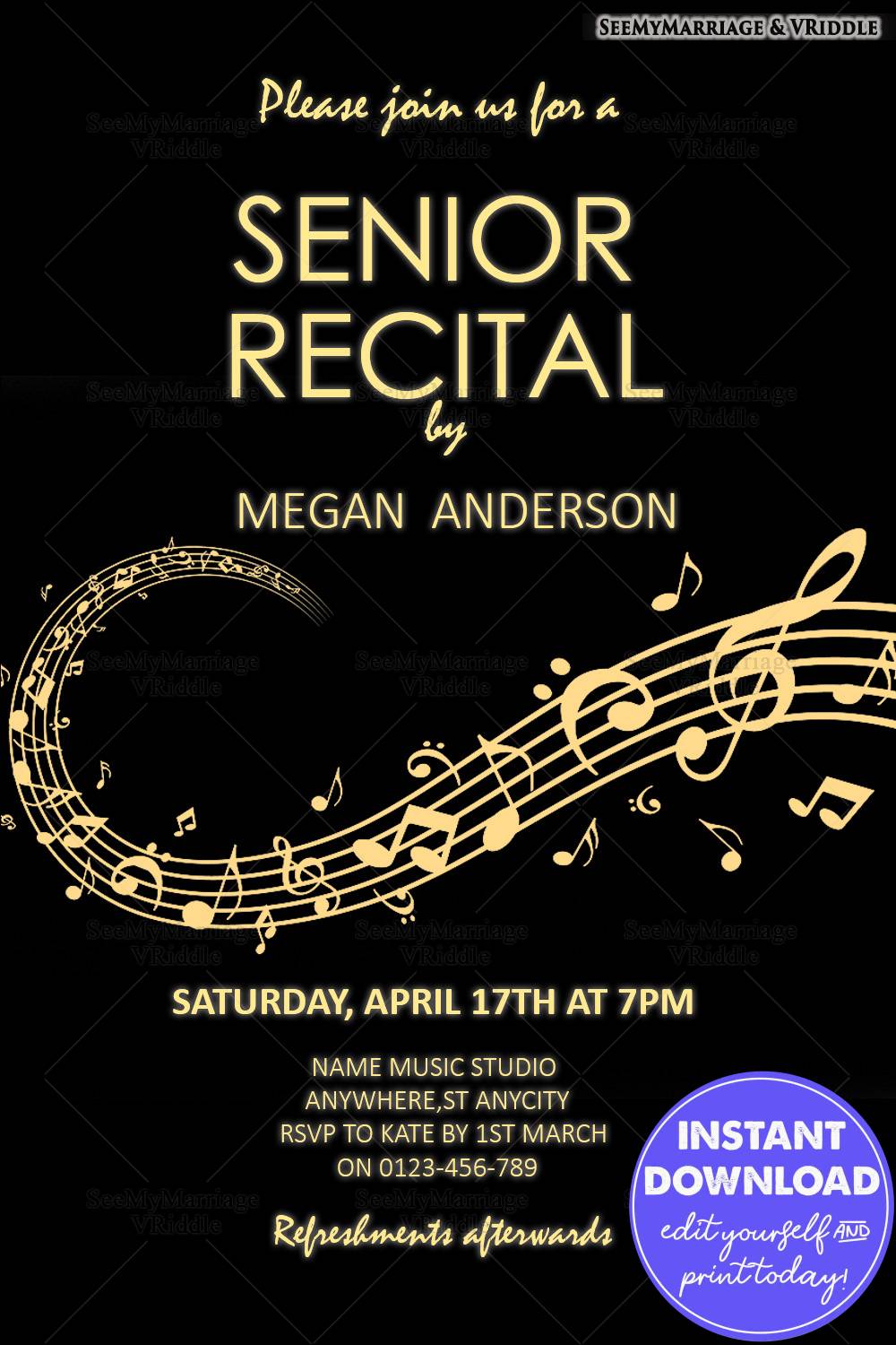 Elegant Black Senior Recital Invitation with Gold Details for Music ...