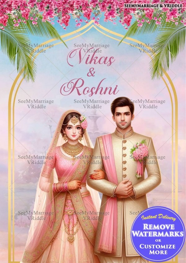 Elegant Pink & Gold Wedding Banner Featuring Traditional Indian Bride ...