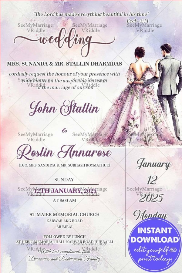 Elegant Watercolor Christian Wedding Invitation with Floral Couple ...