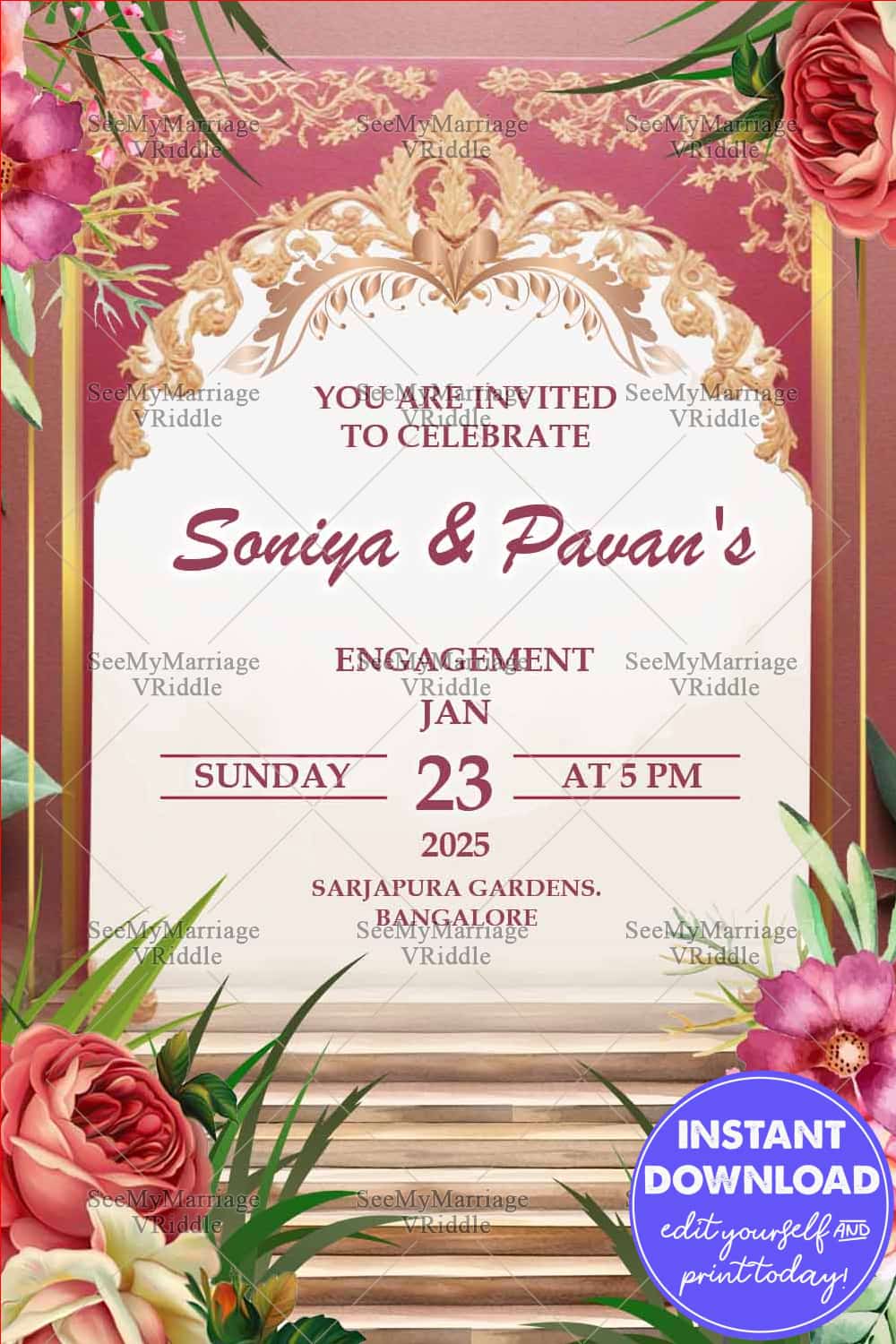 Floral Elegance Engagement Invitation with Ornate Gold Accents ...