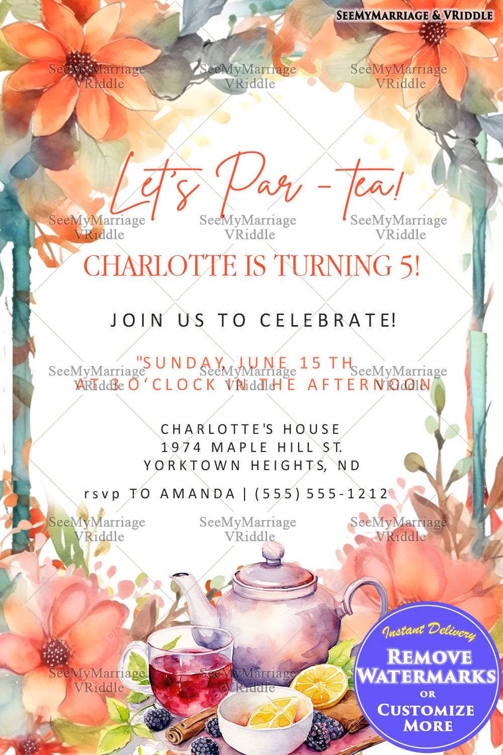 Floral Tea Party Birthday Invitation with Watercolor Flowers for 5th ...