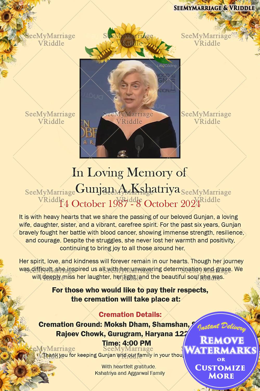 Heartfelt Memorial Service Invitation with Sunflowers and Warm Tribute ...