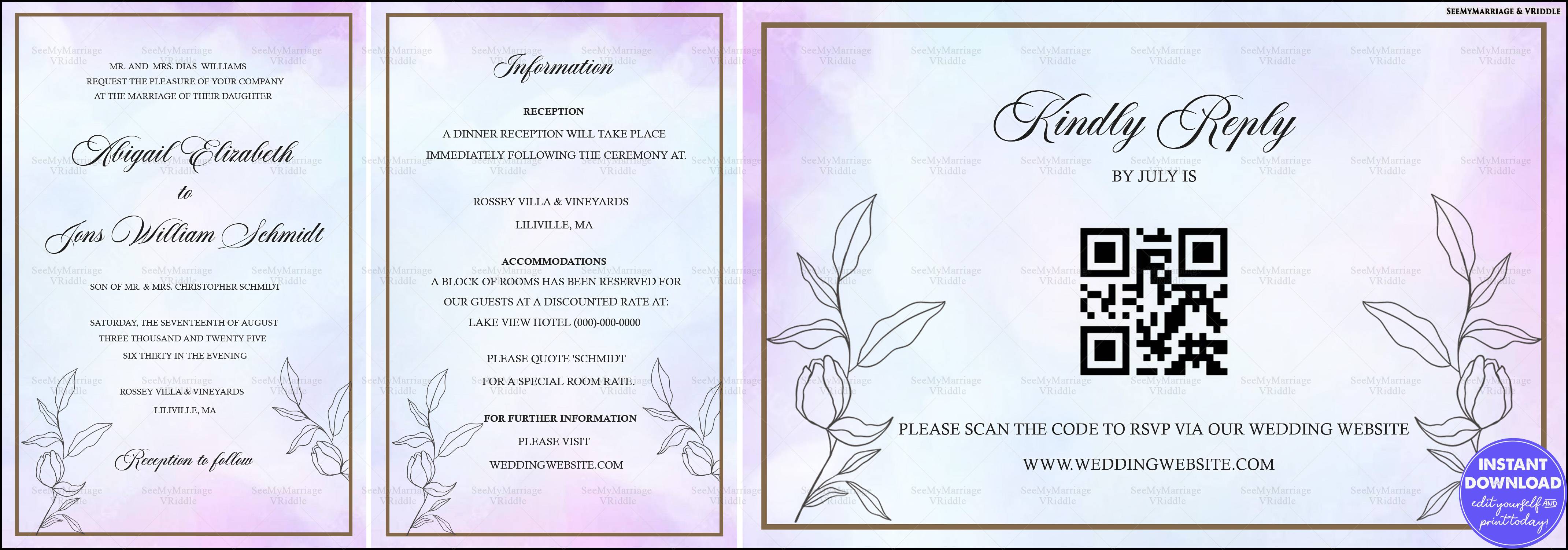 Pastel Lavender Gradient Wedding Invitation Suite with Elegant Floral ...