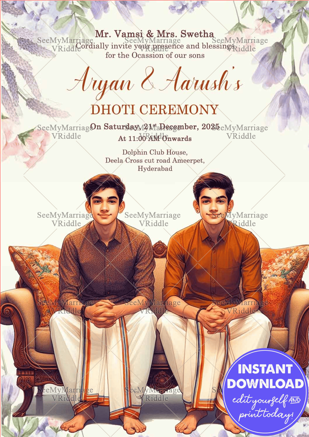Traditional Dhoti Ceremony Invitation Floral Background and Portrait ...
