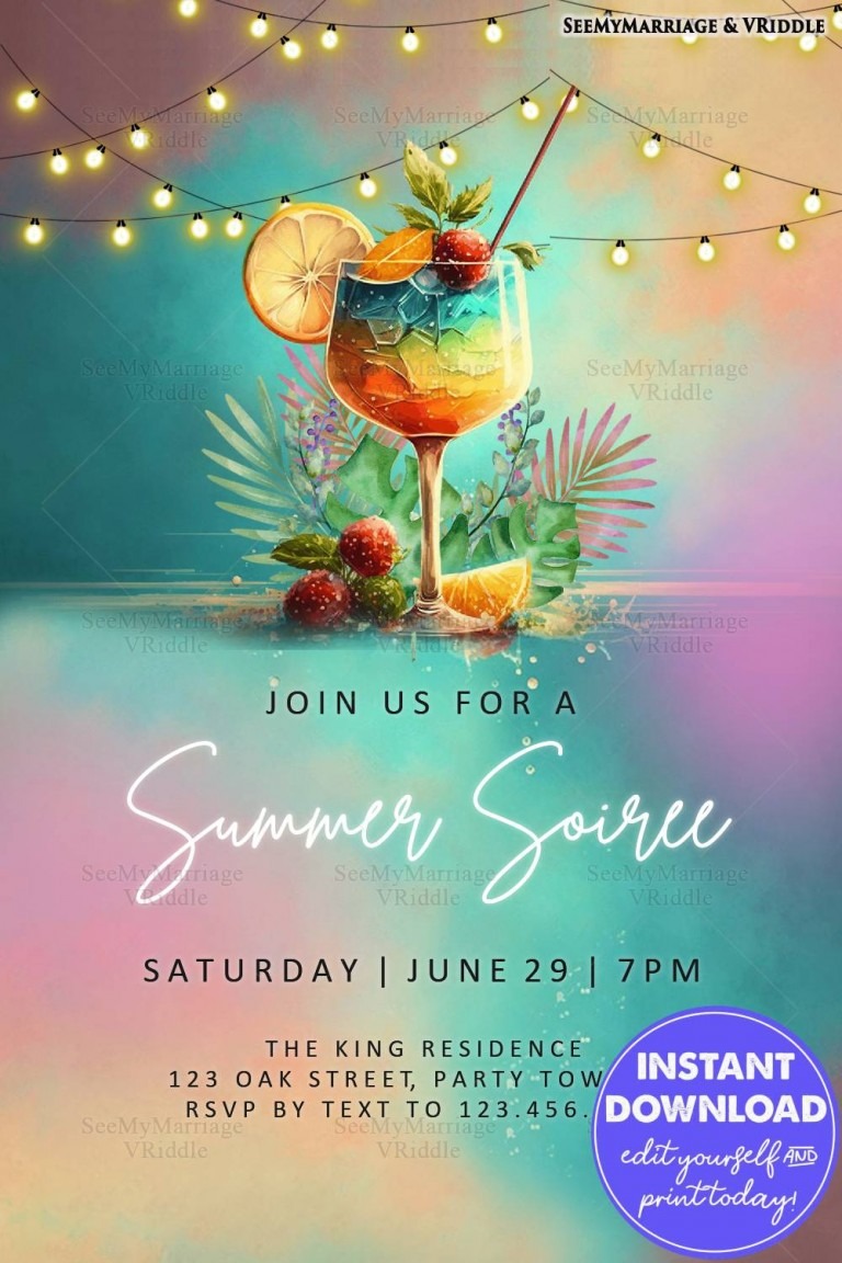 Tropical Summer Soiree Invitation Featuring Cocktail Illustration ...