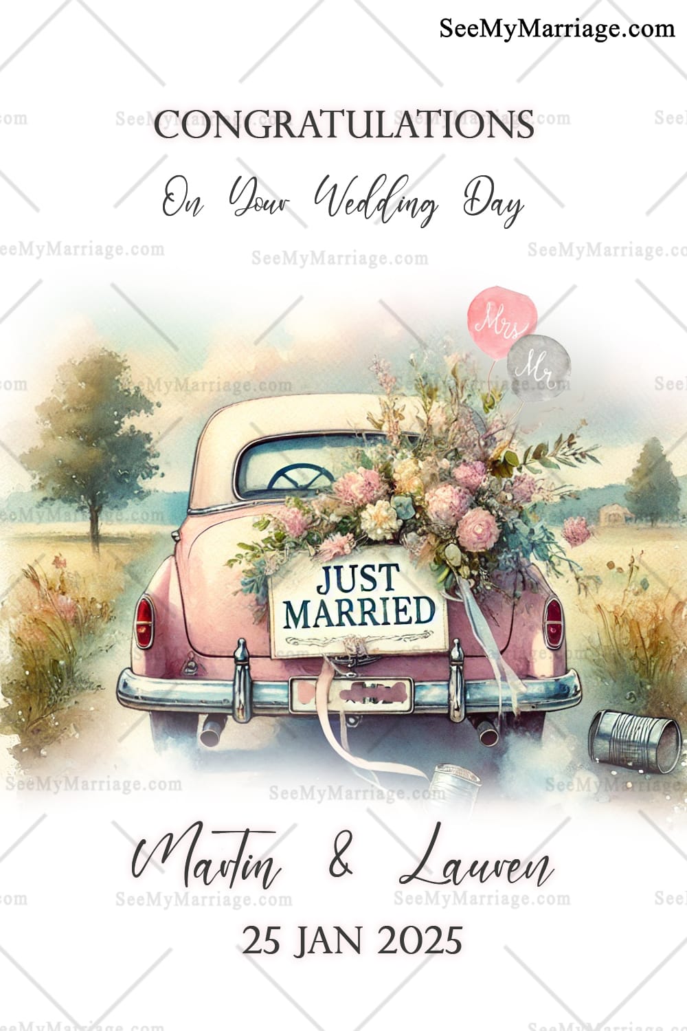 Vintage Car Wedding Congratulations Card Personalized Just Married ...