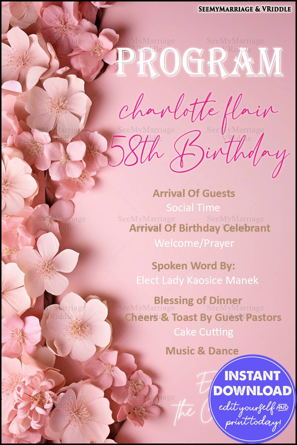 Pink Floral-Themed Program Template for 58th Birthday Celebration with ...