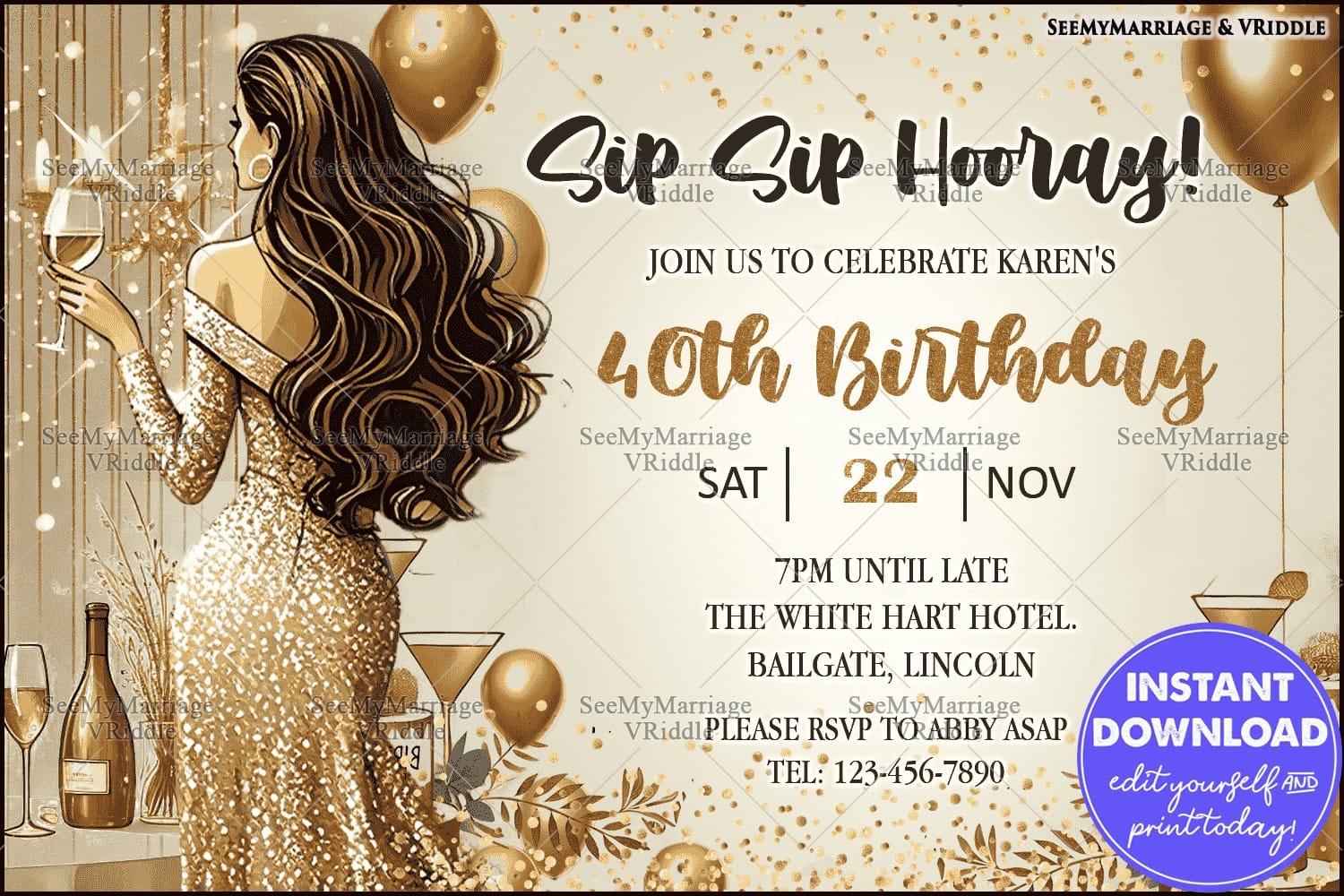 Fancy Party Invitation Details Personalised 60th Black Gold Silver