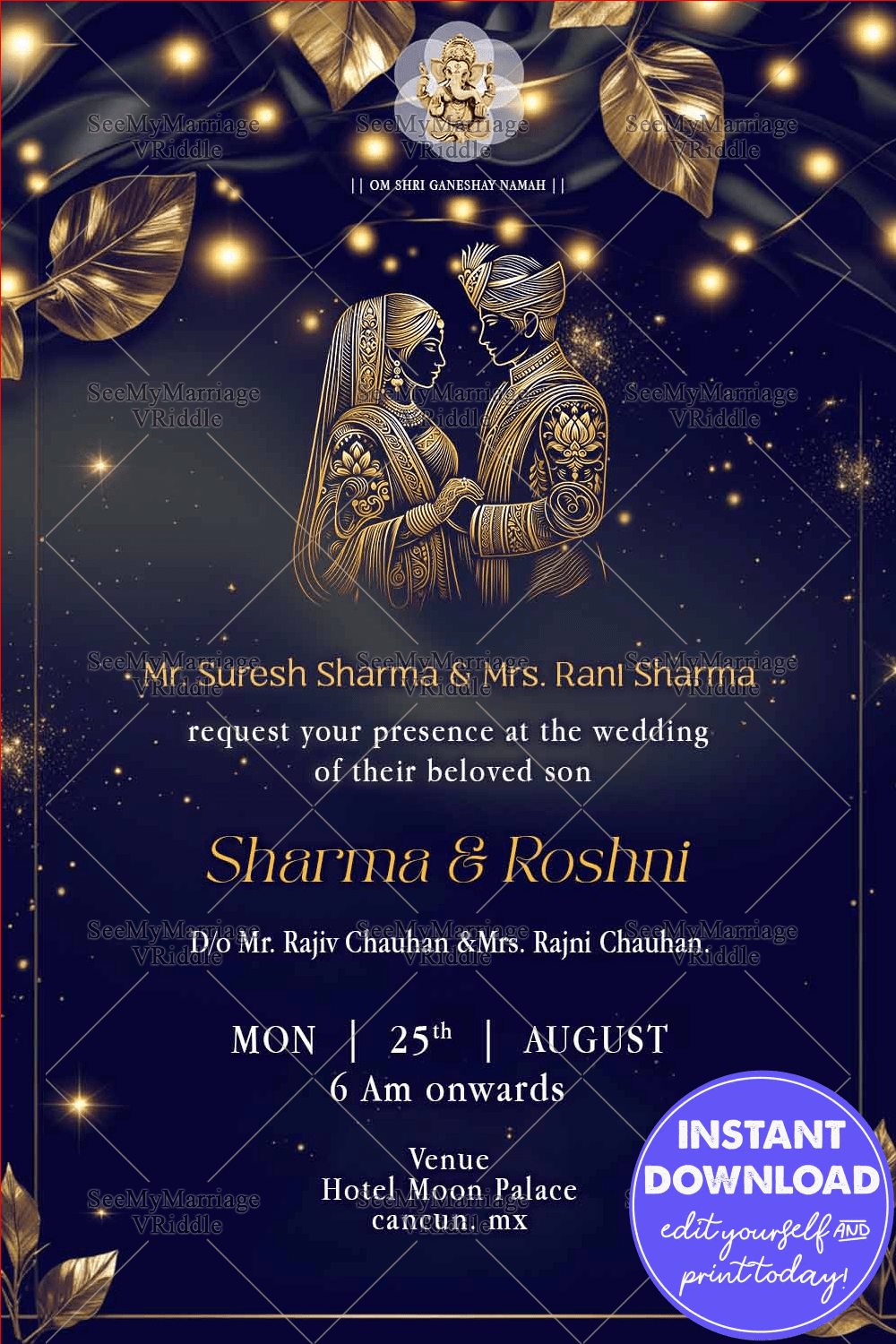 Golden Border Design Nepali Wedding Invitation With Navy Blue Theme