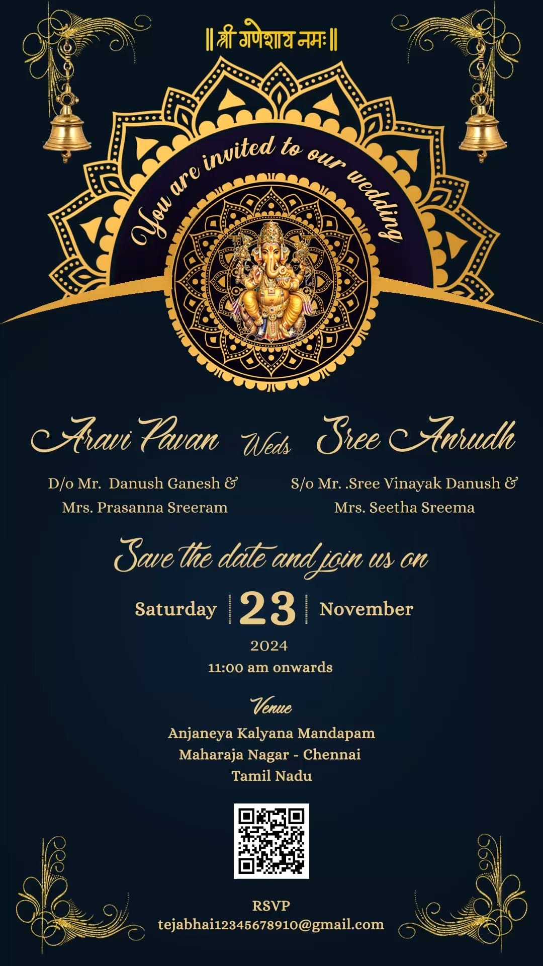 Golden Border Design Nepali Wedding Invitation With Navy Blue Theme
