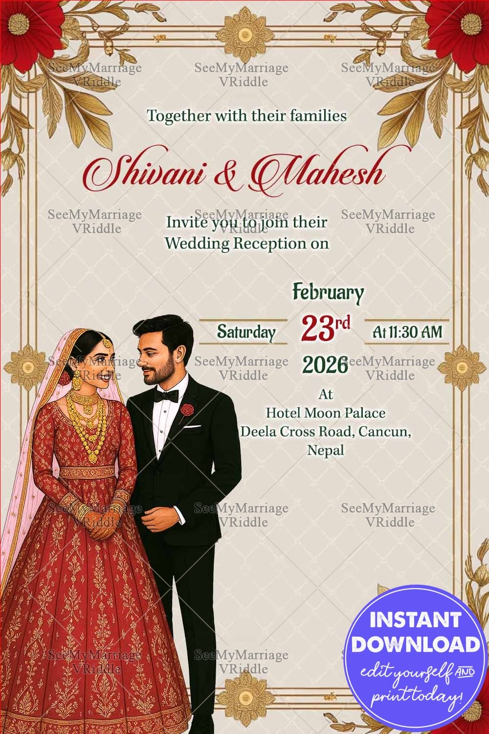 Golden Border Design Nepali Wedding Invitation With Navy Blue Theme